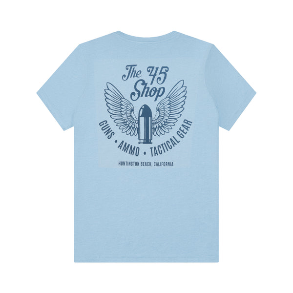 Ladies Winged Bullet Tee - Light Blue - Hot Rods & Handguns